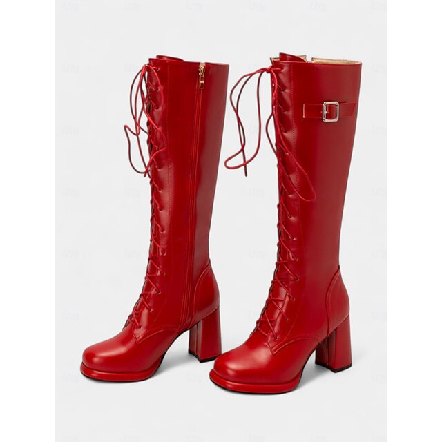 Women's Red Faux Leather Platform Knee-High Lace-Up Fashion Boots with ...