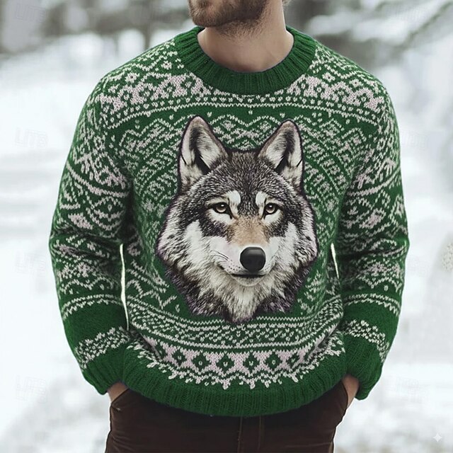 Homens Lobo Suéter Fair Isle Pulôver suéter Roupa de Malha Crewneck ...