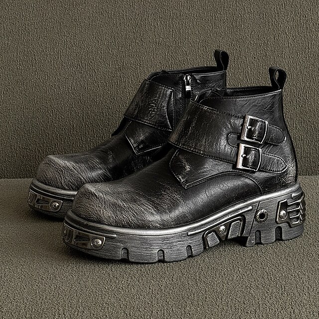 Men's Black Gothic Platform Boots Heavy Duty Buckle Strap Biker Boots ...