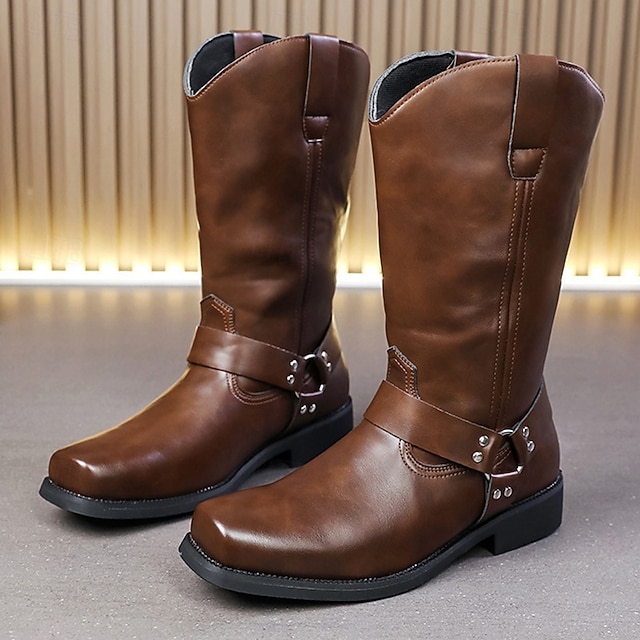 Men's Genuine Faux Leather Harness Mid-Calf Boots – Vintage Motorcycle ...