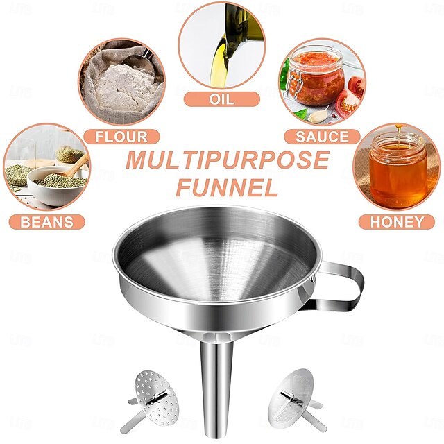 Stainless Steel Kitchen Funnel with 2 Detachable Strainers Multi-Use Premium Metal Food Grade ...