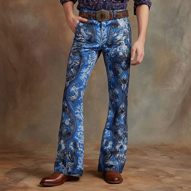 Men's Paisley Floral Print Ethnic Disco Pants 60s 70s Bell Bottoms Mid ...