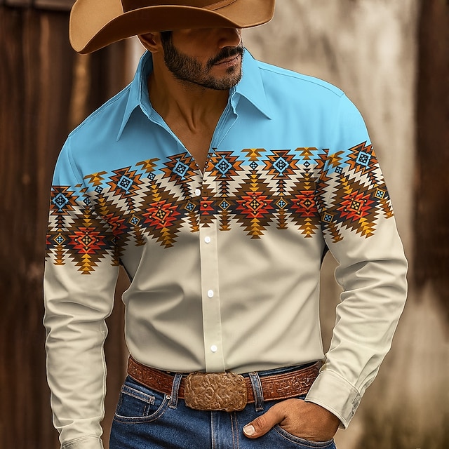 Men's Aztec Vintage Ethnic Shirt Button Up Shirt Cowboy Shirt Long ...