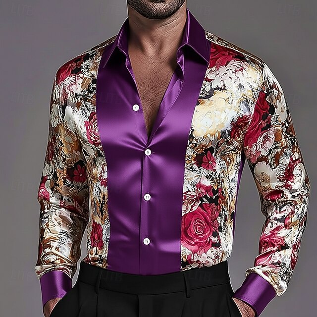 Men's Floral Print Rose Flowers Shirt Satin Shirt Dress Shirt Long ...