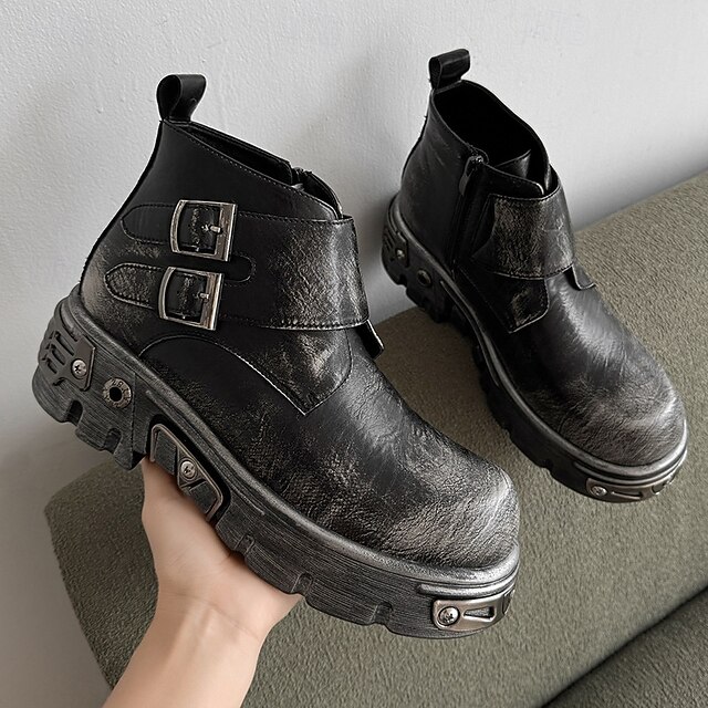 Men's Black Gothic Platform Boots Heavy Duty Buckle Strap Biker Boots ...