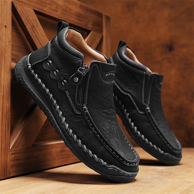 Men's Brown Casual Moccasin Shoes with Side Zipper, Hand-Stitched Non ...