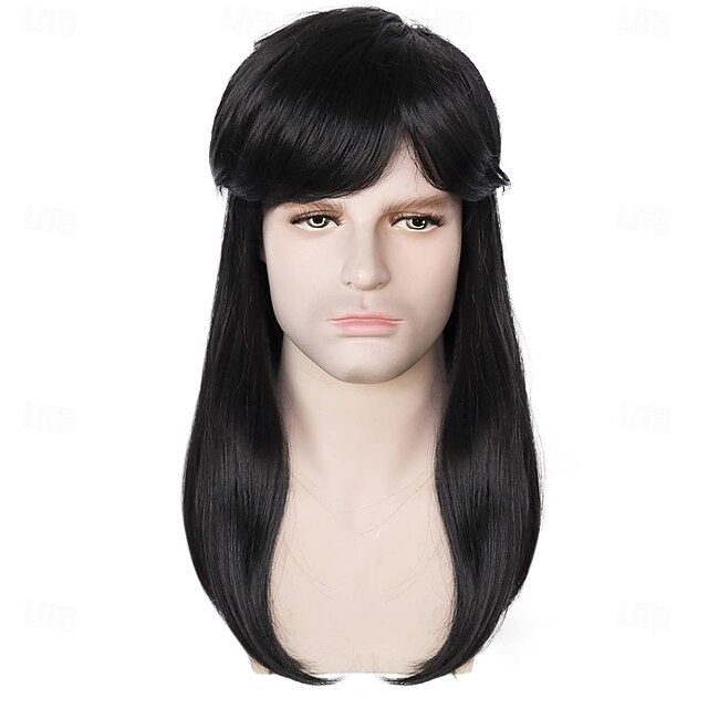 Hair CapBlack Mullet Wigs for Men Natural 70s 80s Rock Outfits Funny Wigs with Bangs Mens Disco ...