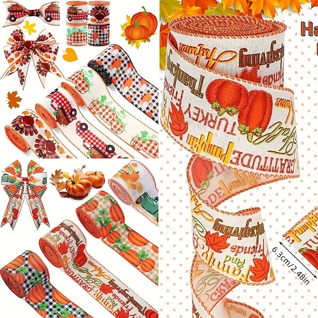 5 Yards Fall Thanksgiving Ribbon, Harvest Season Orange Pumpkin Plaid ...