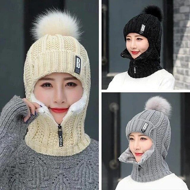 Winter Siamese Windproof Hat Women Warm Knit Beanie Scarf Set Fleece ...