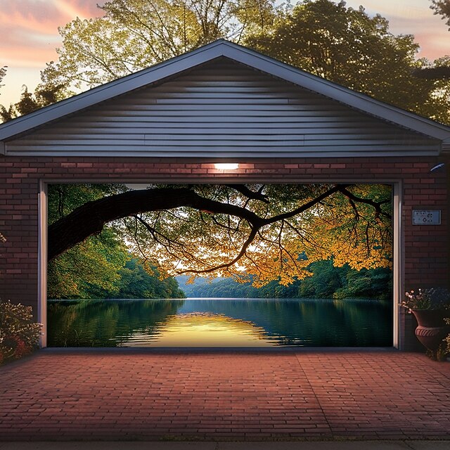 Garage Door Cover Large Hanging Backdrop Lake Forest Rustic Cottagecore ...