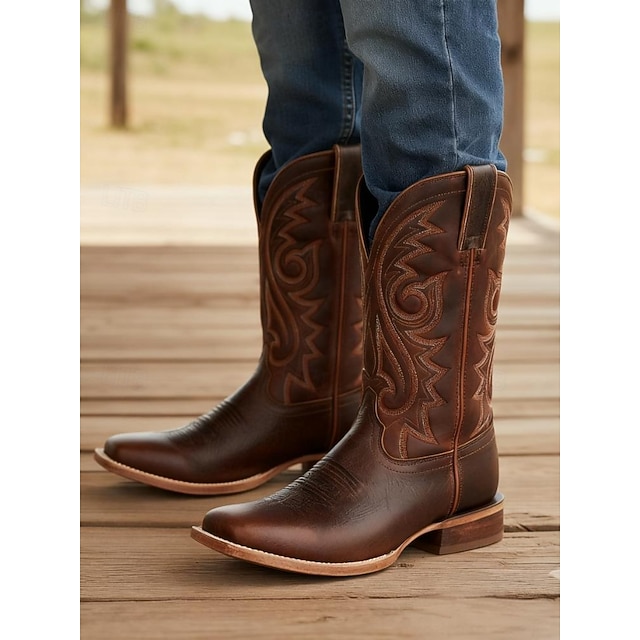 Men's Brown Western Cowboy Boots – Faux Leather with Intricate ...