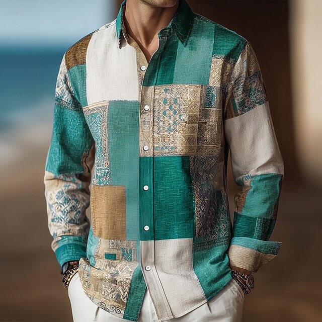 Men's Color Block Patchwork Geometric Pattern Shirt Button Up Shirt ...