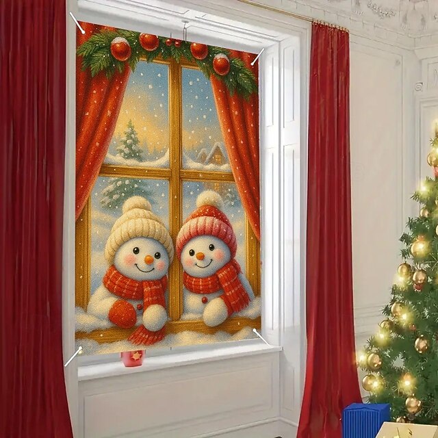Christmas Snowman Friends Curtain, 2025 Xmas Cute Winter Window Curtain ...