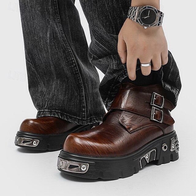 Men's Black Gothic Platform Boots Heavy Duty Buckle Strap Biker Boots ...