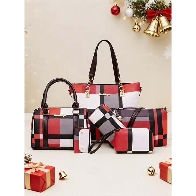 Women's Christmas Plaid Handbag Set, Multi-color Faux Leather Material ...