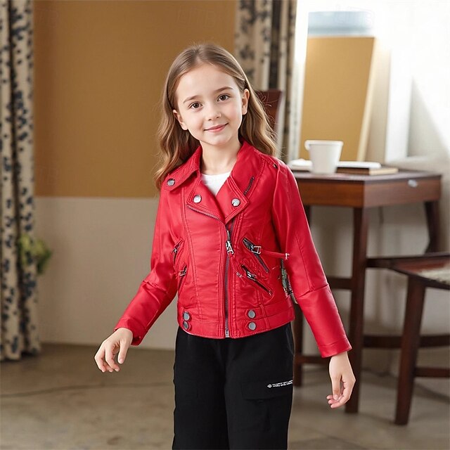Kids Girls' Black Leather Jacket Jacket Solid Color Fashion Zipper ...
