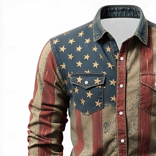 Men's American US Flag Patriotic Shirt Western Shirt Long Sleeve ...