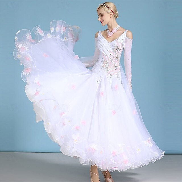 Women's Ballroom Dance Dress Floral Appliqué Rhinestone Layered Organza ...