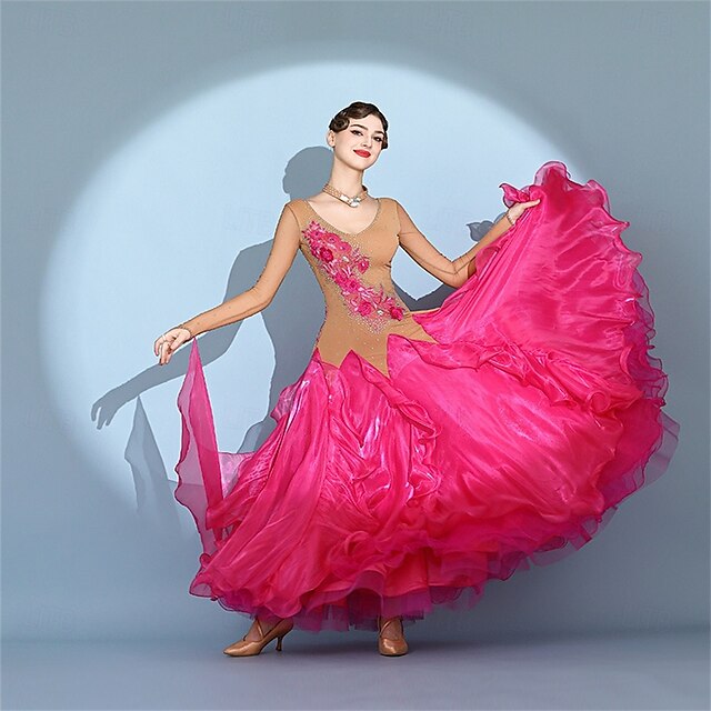 Robe de danse de salon pour femme, motif floral appliqué, volants ...