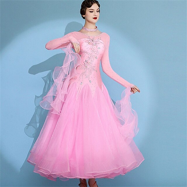 Women's Ballroom Dance Dress Light Pink Rhinestone Embellished Layered ...