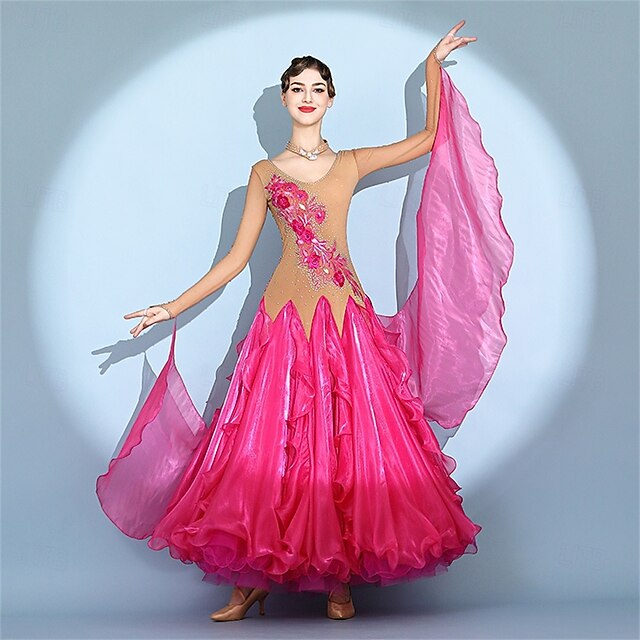 Robe de danse de salon pour femme, motif floral appliqué, volants ...