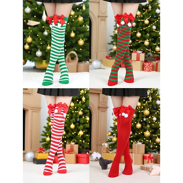 Women's Christmas Thigh High Socks Set, 4-Pair Striped & Solid Red ...