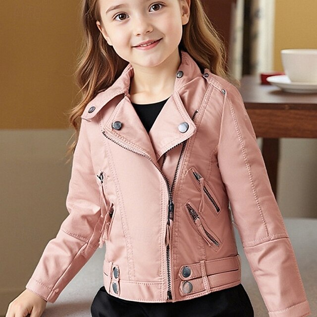 Kids Girls' Black Leather Jacket Jacket Solid Color Fashion Zipper ...