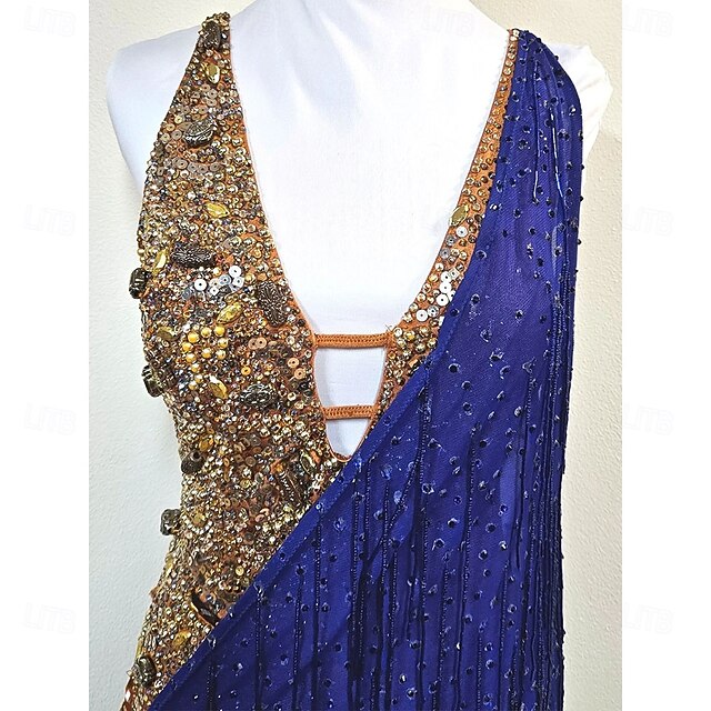 Women's Latin Dance Dress Gold and Blue Asymmetric Drape Rhinestone ...