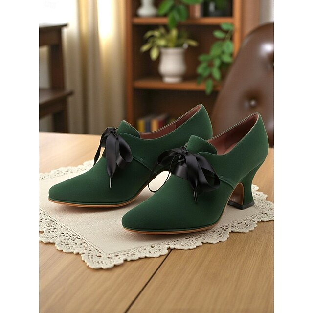 Women's Green Suede Pumps with Black Ribbon Bow, Elegant Pointed Toe ...