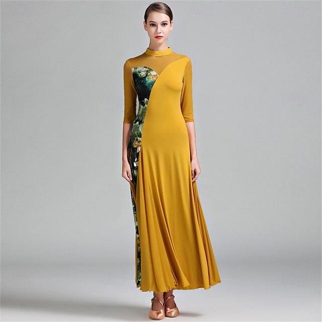 Chic Color-Block Ballroom Dance Dress with Floral Accent and Long ...