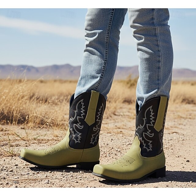 Men's Green and Black Faux Suede Western Cowboy Boots with Embroidered ...