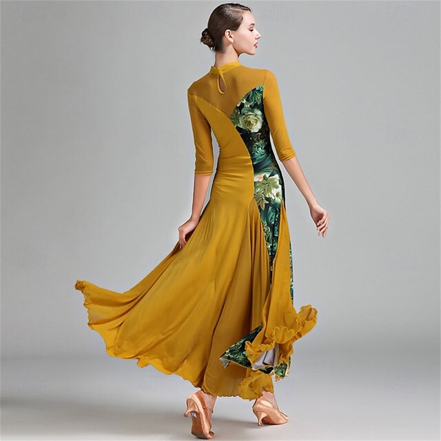 Chic Color-Block Ballroom Dance Dress with Floral Accent and Long ...