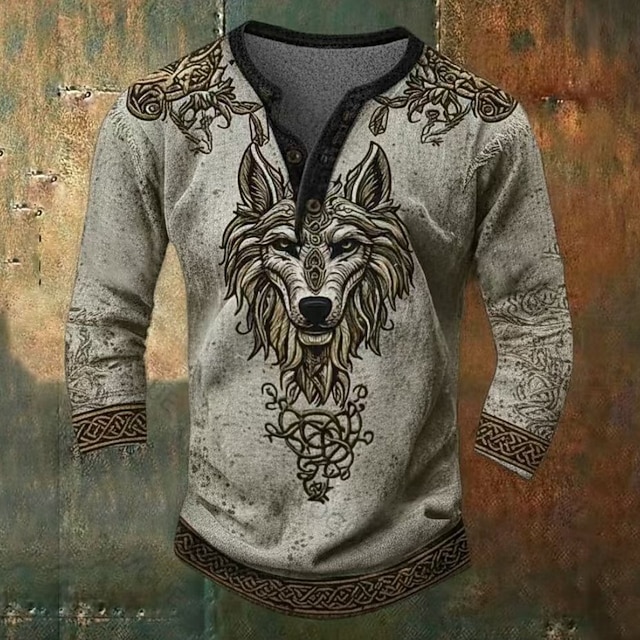 Men's Graphic Wolf Vintage Henley Shirt Long Sleeve Vintage Retro ...