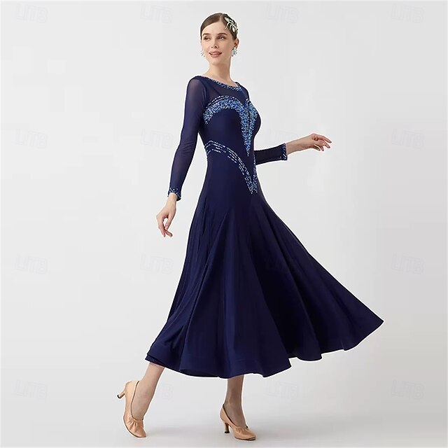 Women's Ballroom Dance Dress Long Sleeve Mesh Waltz Tango Latin ...