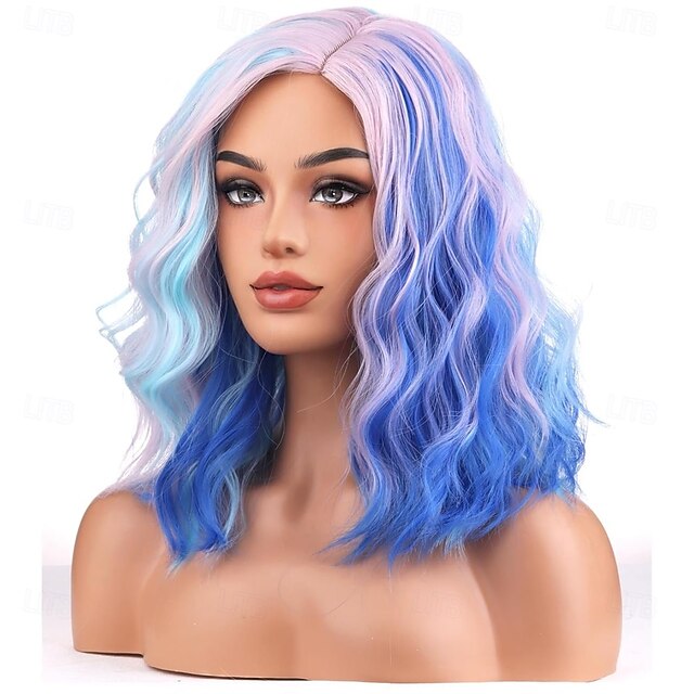 Pink and Blue Wigs for Womens Short Curly Wavy Wig Girls Colorful Side ...