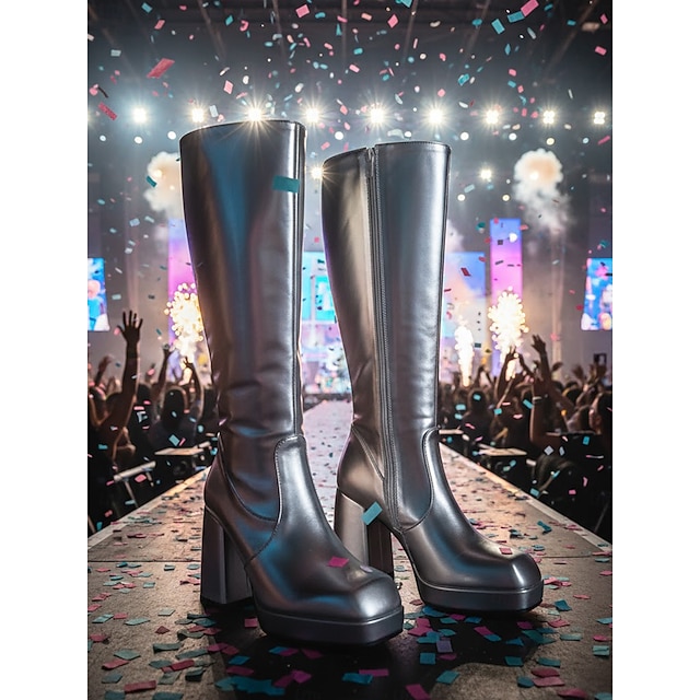 Women's Silver Metallic Knee-High Platform Boots, 1980s Disco Retro ...