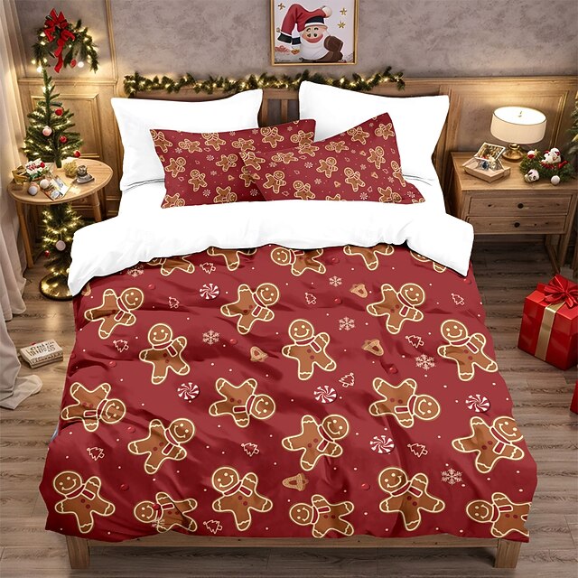 Christmas Gingerbread Man Printed 3-Piece Down Duvet Set, Comfortable ...