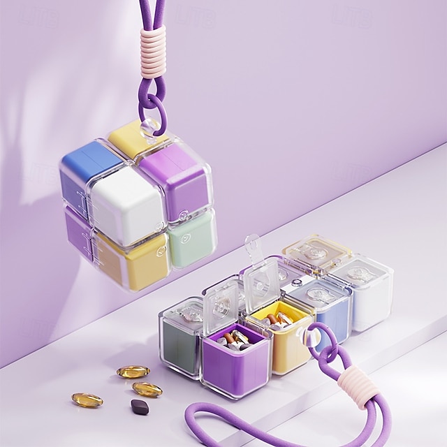 Magnetic Pill Organizer Cube with Lanyard - 8-Tier Magnetic Lid, Color ...