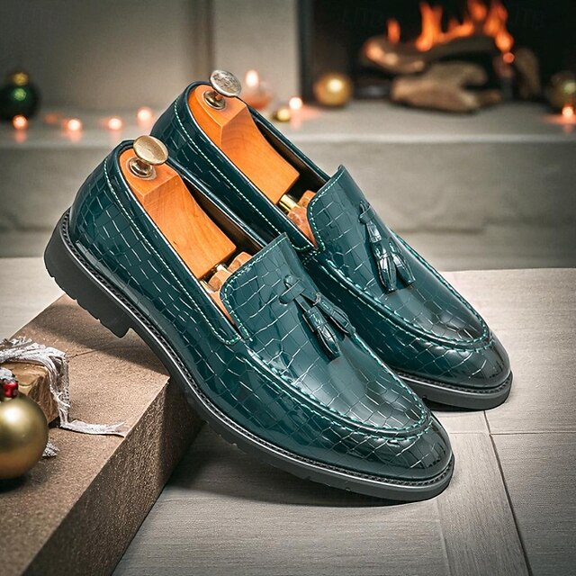 Men's Green Crocodile Texture Tassel Loafers - Stylish Christmas Casual ...