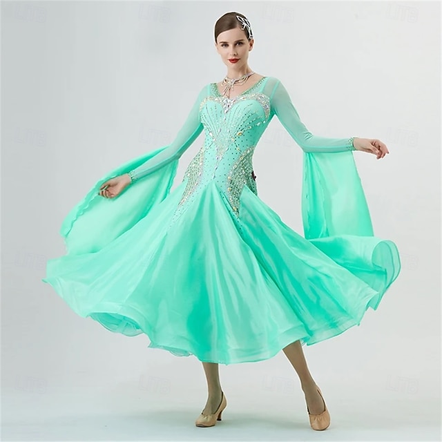 Women's Ballroom Dance Dress Rhinestone Long Sleeve Waltz Tango ...