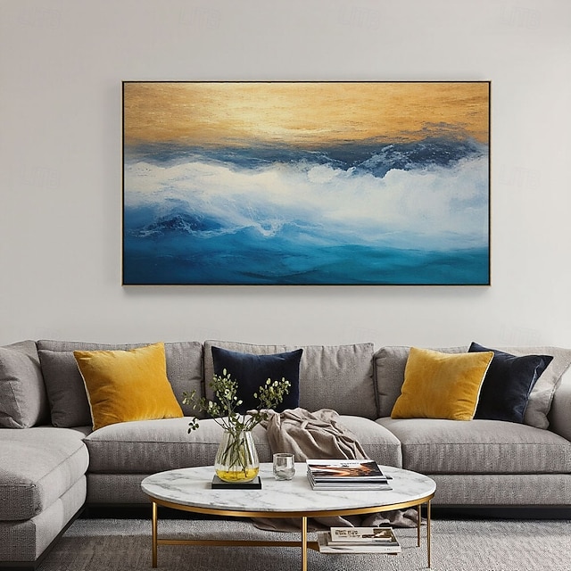 Extra Large Blue Wall Painting on Canvas Ocean Sunset Painting Gold ...