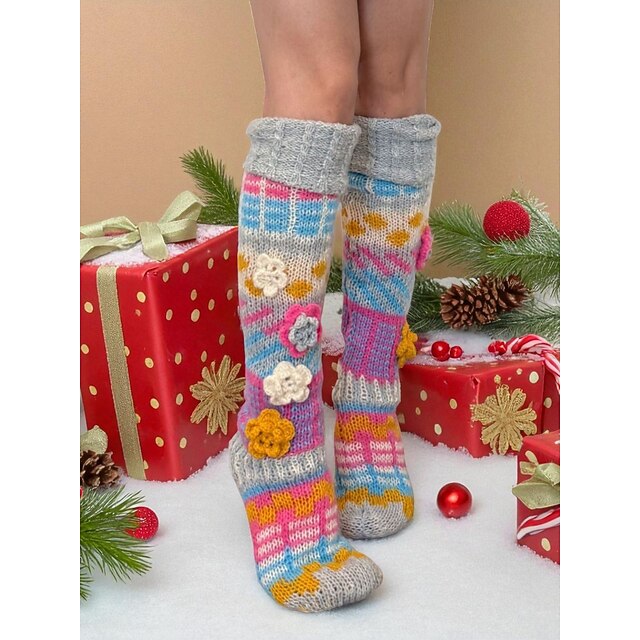 Women's Christmas-Themed Granny Square Crochet Knee-High Socks, Multi ...
