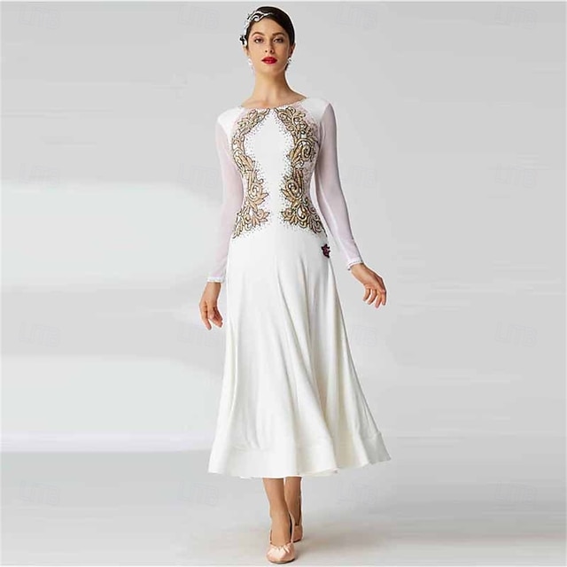 Women's Ballroom Dance Dress Long Sleeve Mesh Waltz Tango Latin ...
