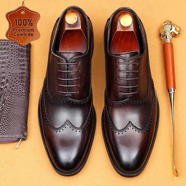 Men's Dark Brown Genuine Leather Wingtip Oxford Shoes with Brogue ...