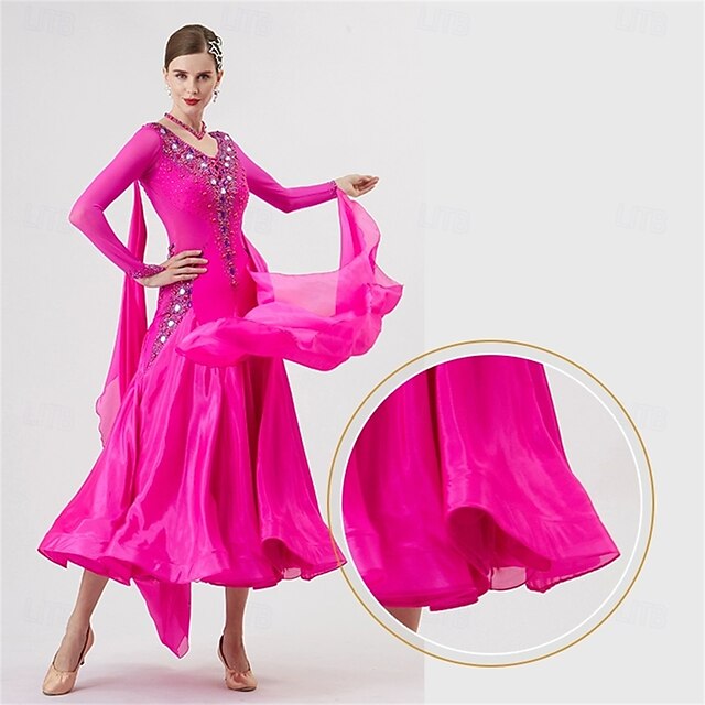 Robe de danse de salon pour femme, manches longues, strass, valse ...