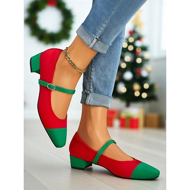 Women's Red and Green Mary Jane Low Heel Shoes, Retro Christmas Color ...