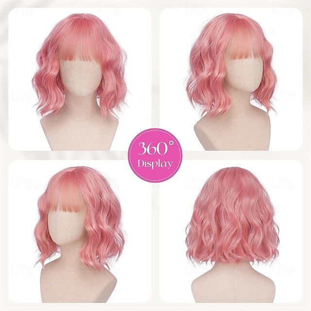 Short Wavy Pink Wig - 12 Inch Bob Wig with Bangs for Women Curly ...