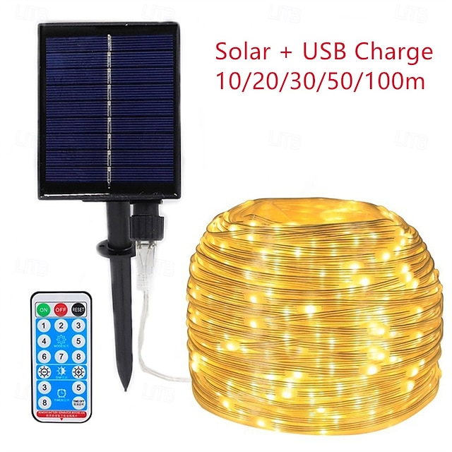 Leather LED Solar and USB Charge String Fairy Lights 10/20/30/50/100M ...