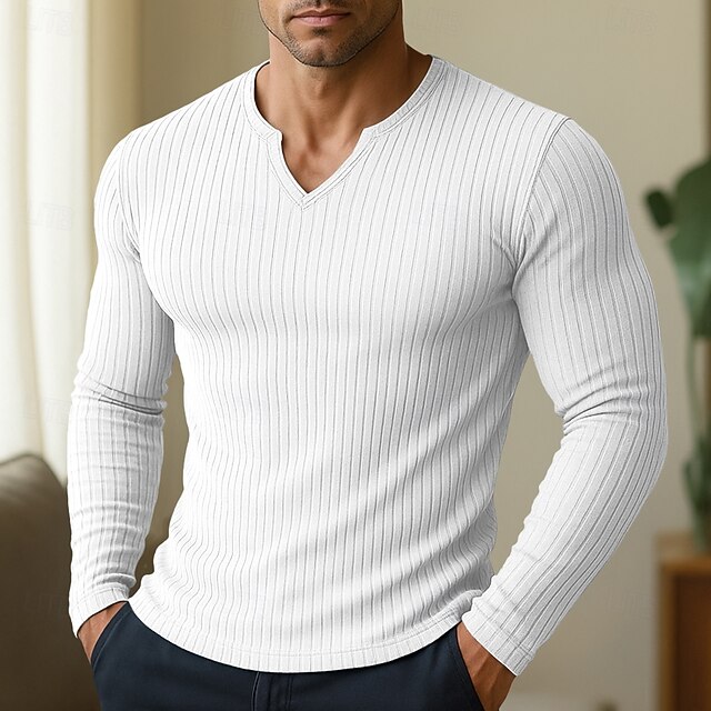 Men's T Shirt Muscle Shirt Ribbed Knit tee Tee Top Long Sleeve V Neck ...