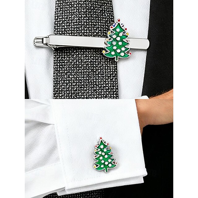Men's Christmas Tree Cufflinks and Tie Clip Set - Festive Holiday ...